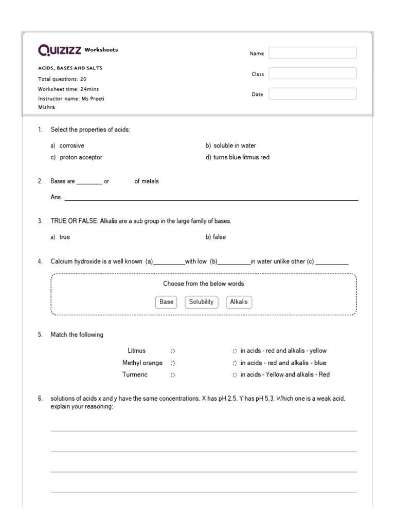 Acids, Bases, and Salts Quiz Worksheet | PDF | Acid | Salt (Chemistry)
