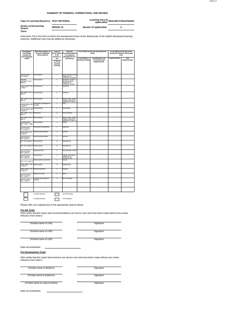 Summary of Findings, Corrections, and Review Form - DDLRs | PDF