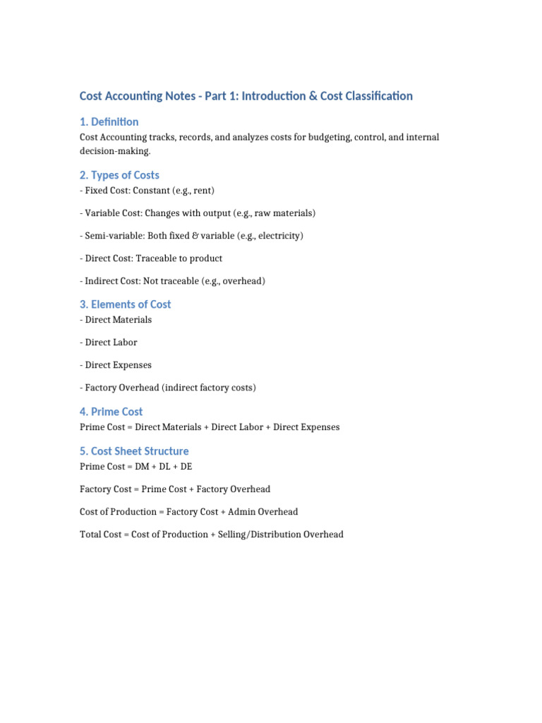 Cost Accounting Notes - Part 1 Introduction & Cost Classification | PDF