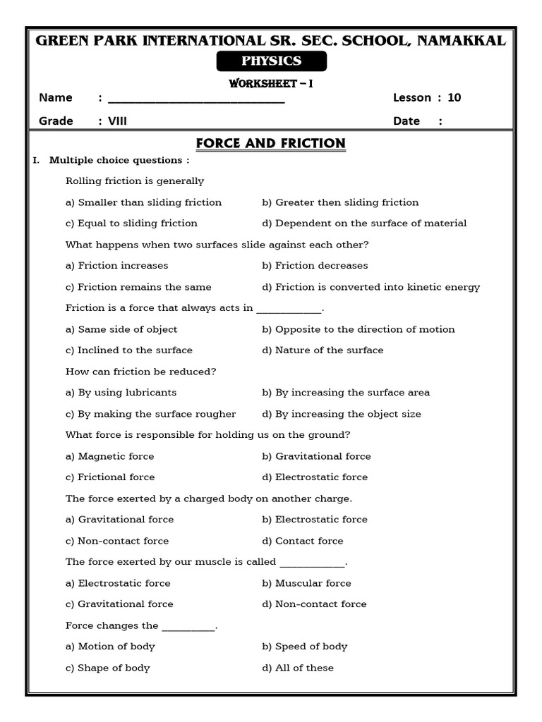 Force and Friction Worksheet for Grade VIII | PDF | Force | Friction