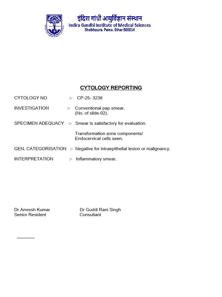 Cytology Reporting: Department of Pathology | PDF