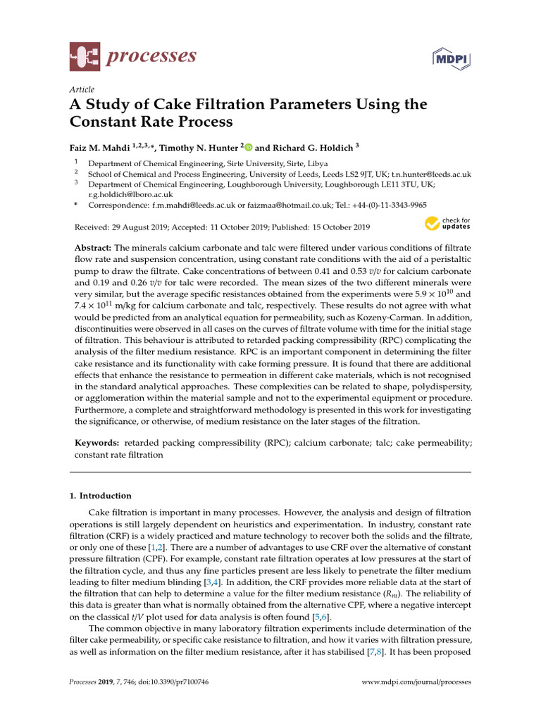 A Study of Cake Filtration Parameters Using The Co | PDF | Filtration ...