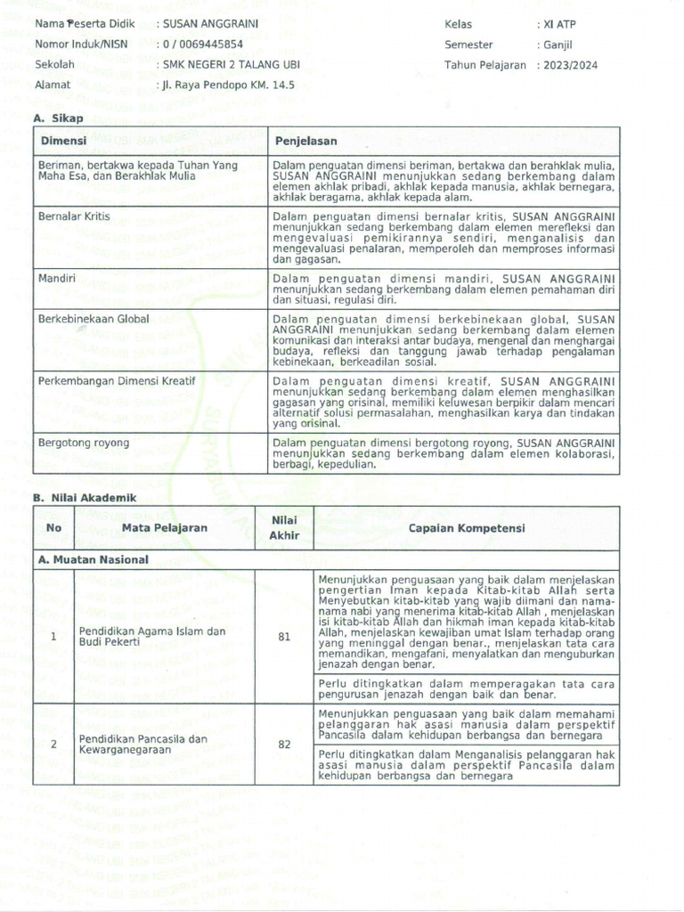 Nilai Kelas Xi - Ganjil | PDF