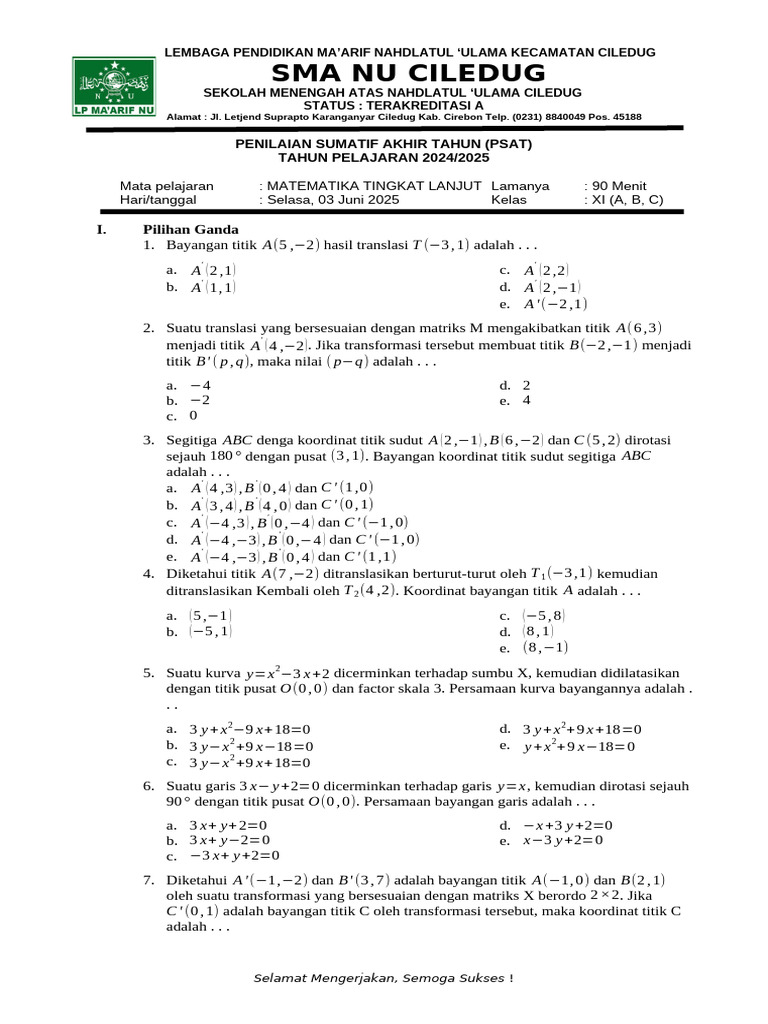 Soal Psat Kls Xi ABC MTK TL 2024-2025 | PDF