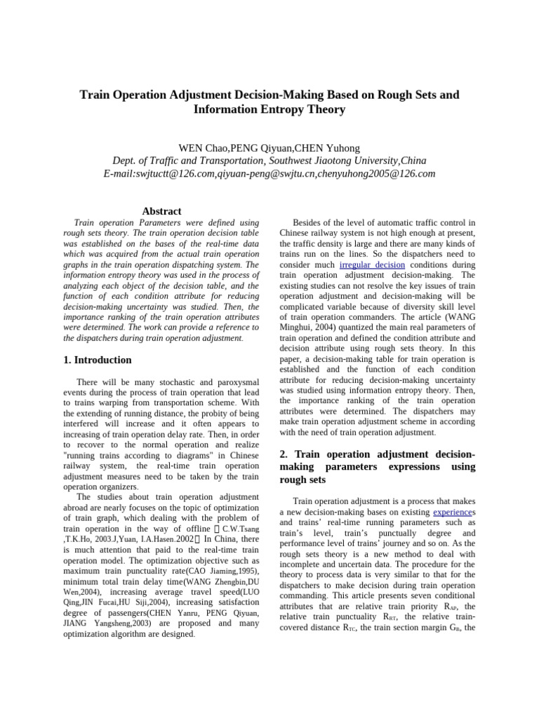 Train Operation Adjustment - Decision-Making Based On Rough Sets and ...