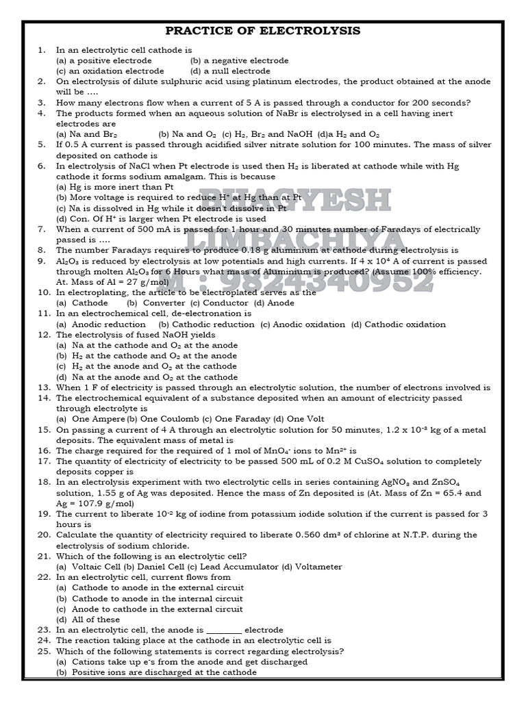 Electrolysis Practice Problems Guide | PDF | Anode | Electrolyte