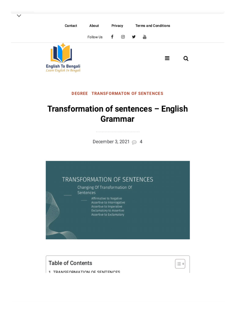 Transformation of Sentences - English Grammar | PDF