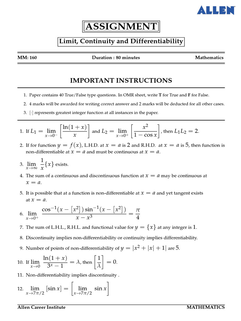 Assignment: Limit, Continuity and Differentiability | PDF | Mathematics ...