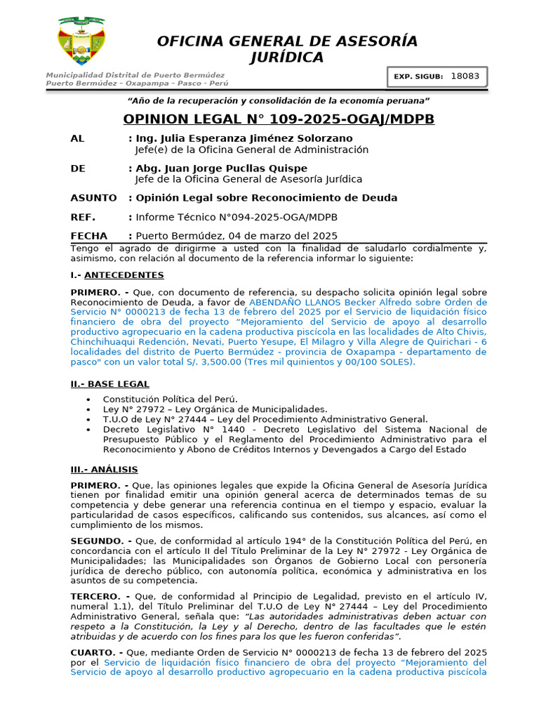 OPINION - LEGAL - # - 109 - 2025 - OPINION LEGAL SOBRE RECONOCIMIENTO ...