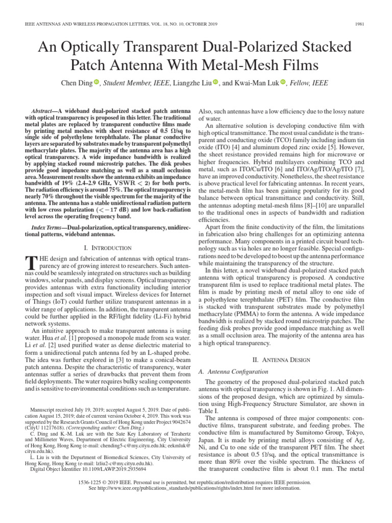 An Optically Transparent Dual-Polarized Stacked Patch Antenna With Metal-Mesh Films | PDF ...