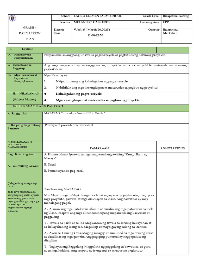 Q4 DLP EPP 4 WK 6 - Kahalagahan NG Pagrerecycle | PDF