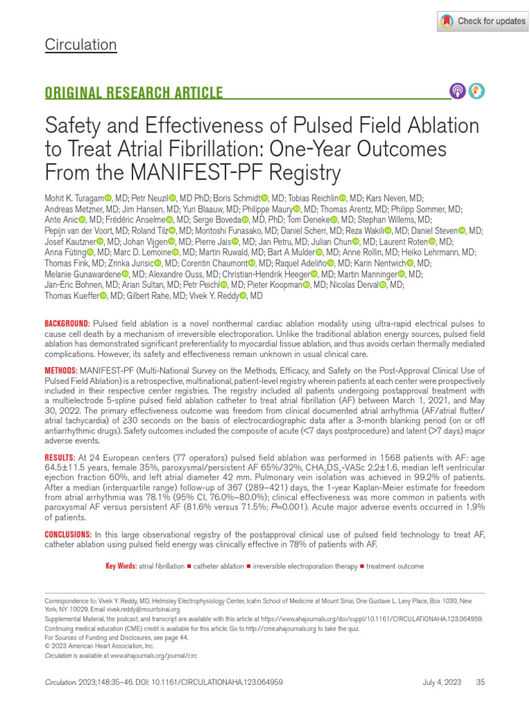 Turagam Et Al Safety and Effectiveness of Pulsed Field Ablation To Treat Atrial Fibrillation One ...