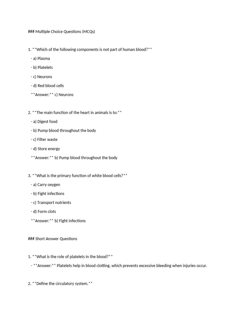 Multiple Choice Questions | PDF | Circulatory System | Blood