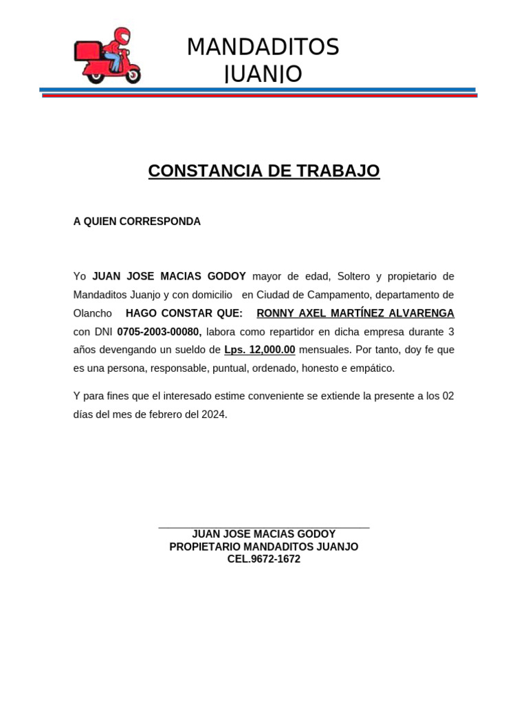 Constancia de Trabajo Roni | PDF