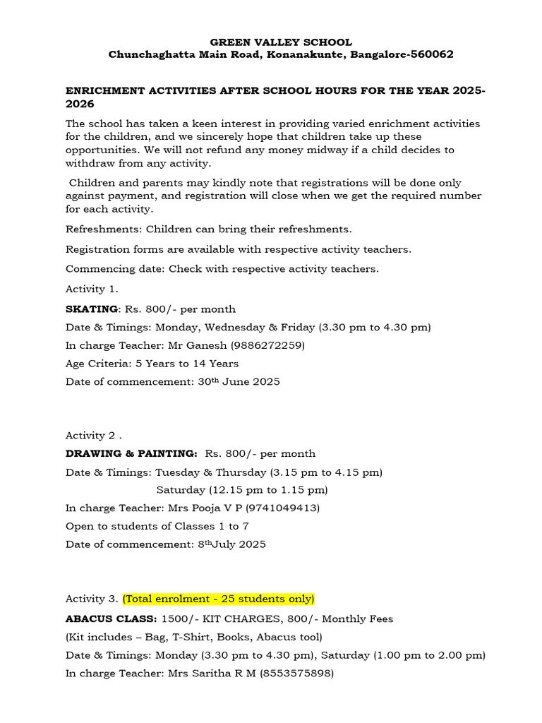 Enrichment After School Activities 2025-26 | PDF