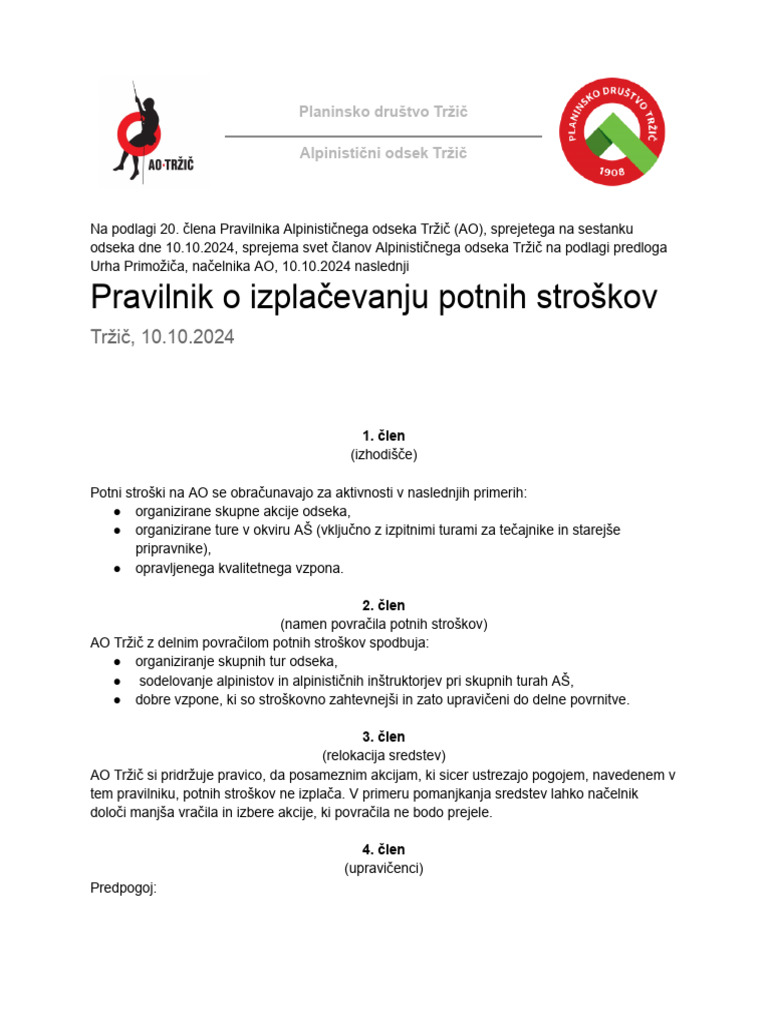 Pravilnik o Izplačevanju Potnih Stroškov - 2024 | PDF