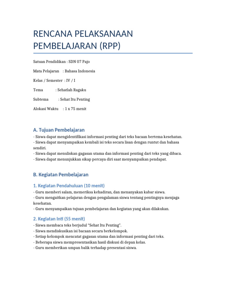RPP Bahasa Indonesia Tema Sehatlah Ragaku Subtema Sehat Itu Penting | PDF