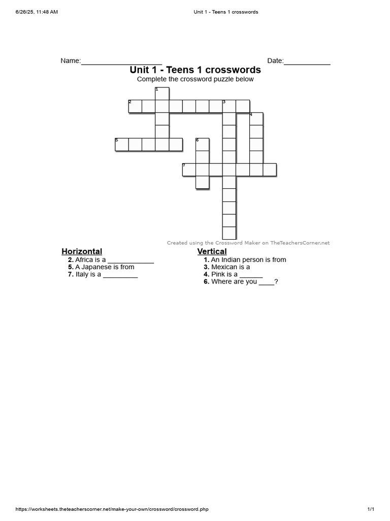 Teen Crossword Puzzle Unit 1 | PDF