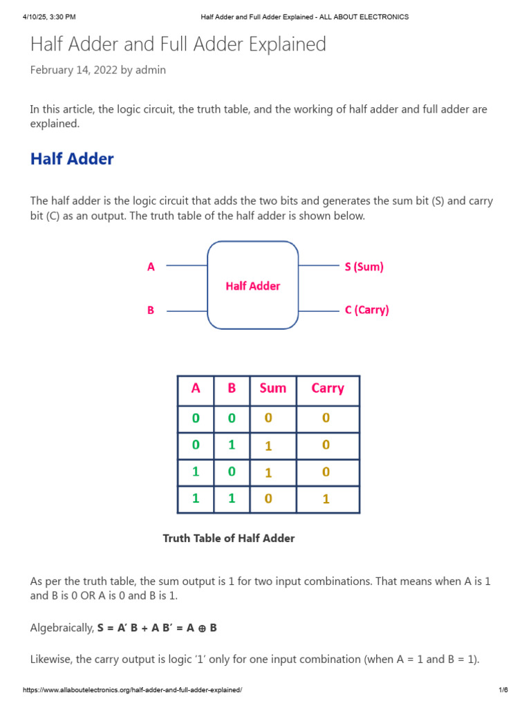 7) Half Adder and Full Adder Explained - ALL ABOUT ELECTRONICS | PDF | Computer Engineering ...