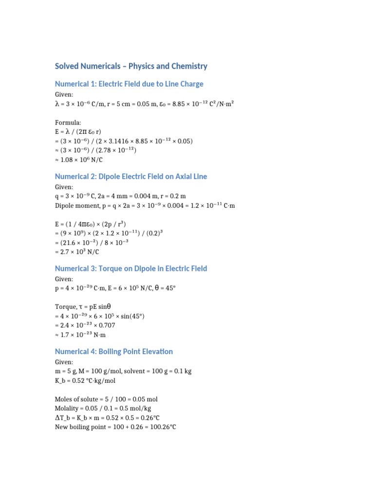 Solved Numericals Physics Chemistry | PDF