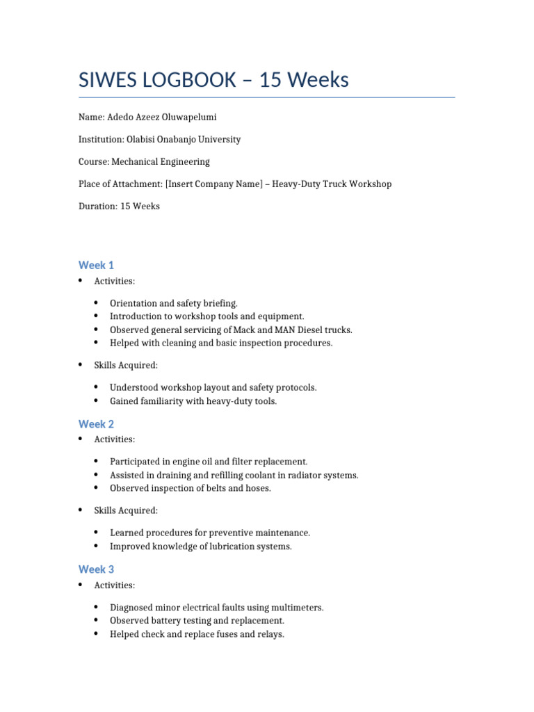 SIWES Logbook Adedo Azeez | PDF | Truck | Engines