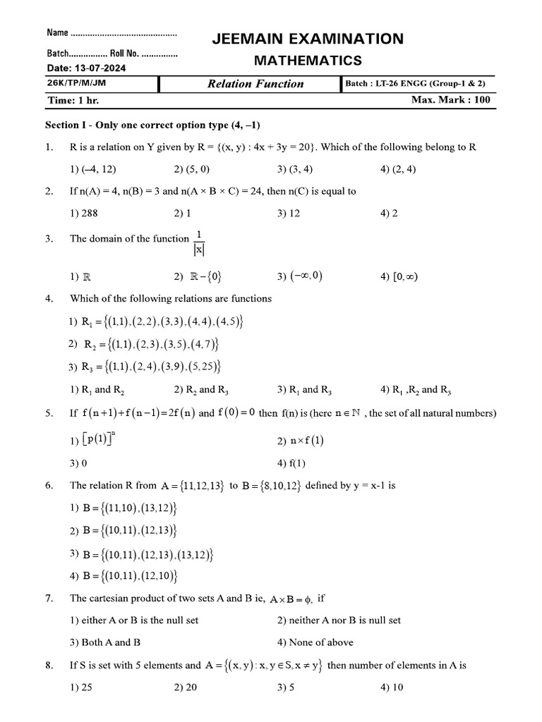 JEE MAIN (Relation & Function) 13-07-2024 (LT26 SP (G1-2) ) | PDF