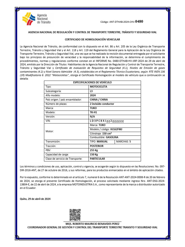 CERTIFICADO-HOMOLOGACION-MODELO-motocicleta Tuko | PDF