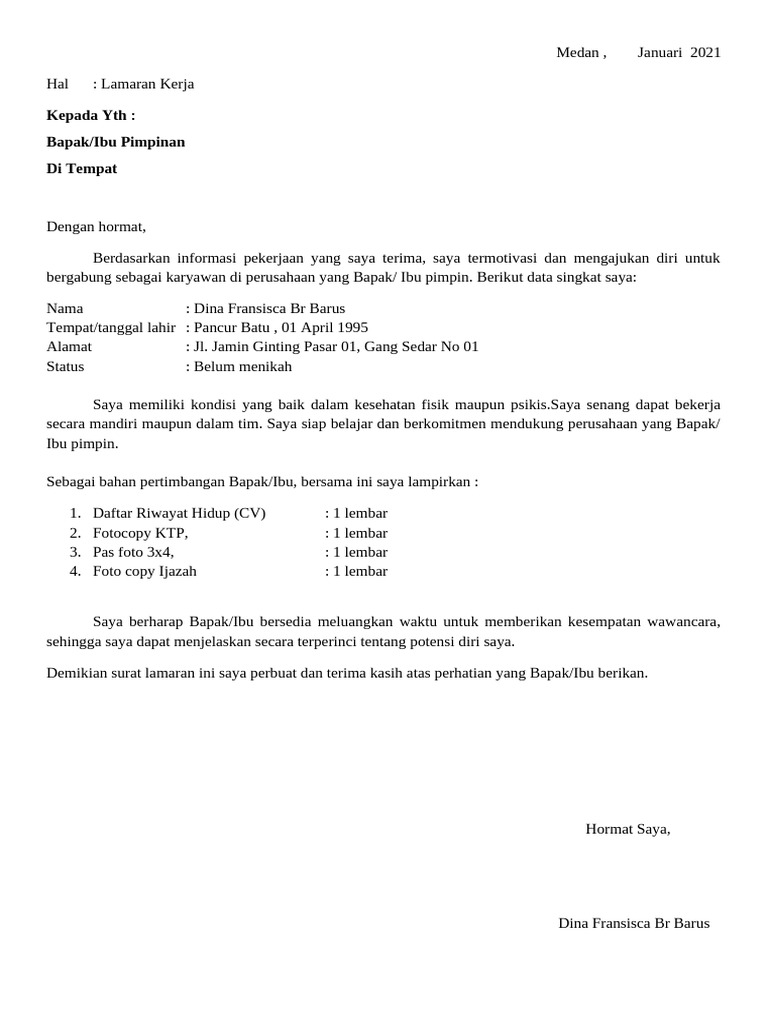 SURLAM Lamaran Dina Barus | PDF