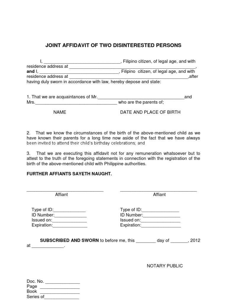 Joint Affidavit of Two Disinterested Persons | PDF | Affidavit ...