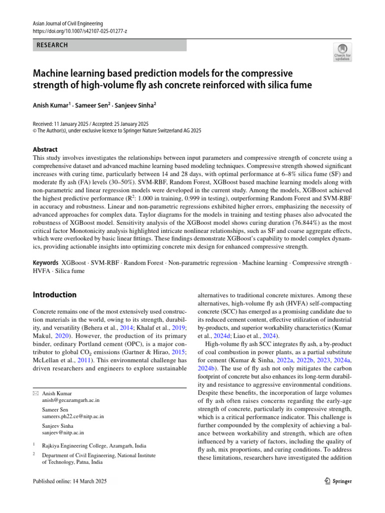 Machine Learning Based Prediction Model For Compressive Strength of High Volume Fly Ash Concrete ...