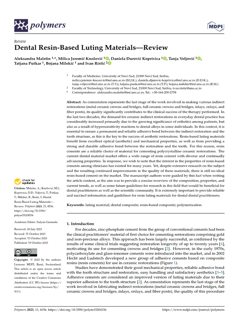 Dental Resin-Based Luting Materials-Review | PDF | Polymerization ...