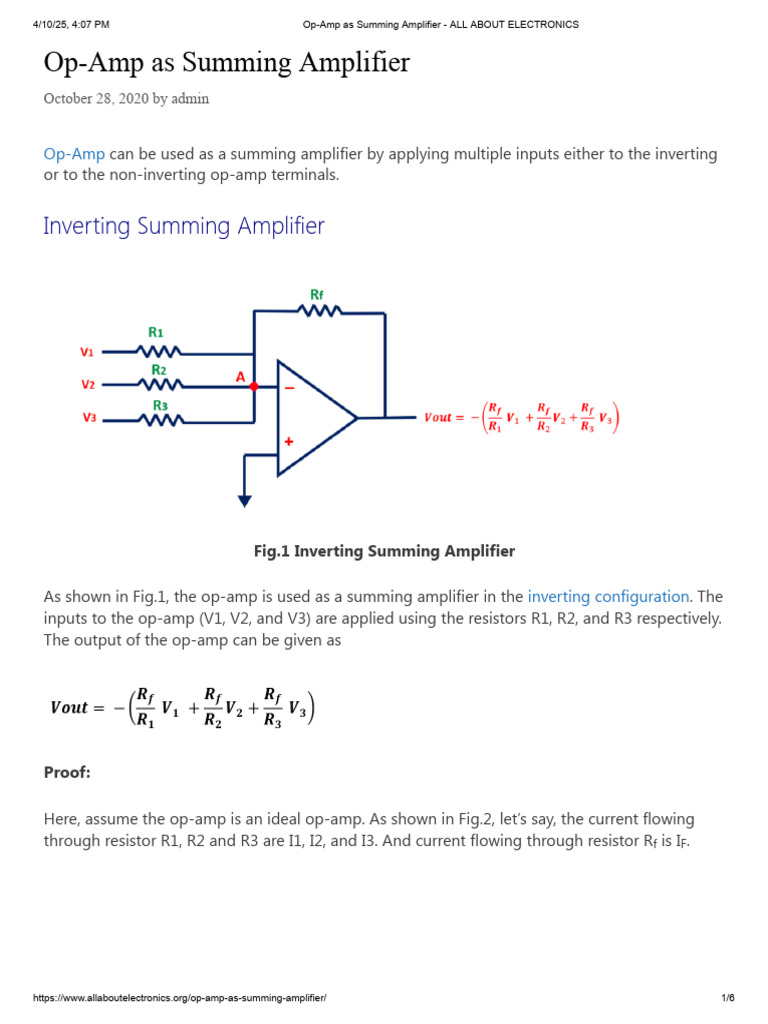 Op-Amp As Summing Amplifier - ALL ABOUT ELECTRONICS | PDF | Operational Amplifier | Amplifier