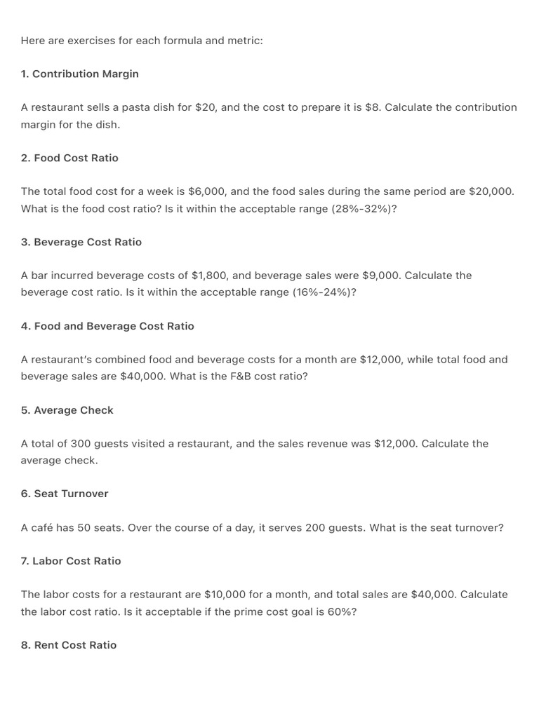 Restaurant Financial Metrics Exercises | PDF