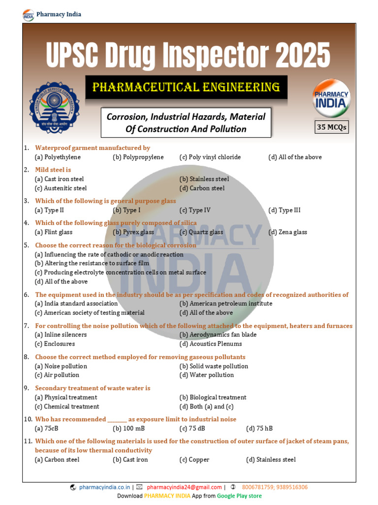 UPSC DI Pharmaceutical Engineering - 8 | PDF | Corrosion | Secondary ...