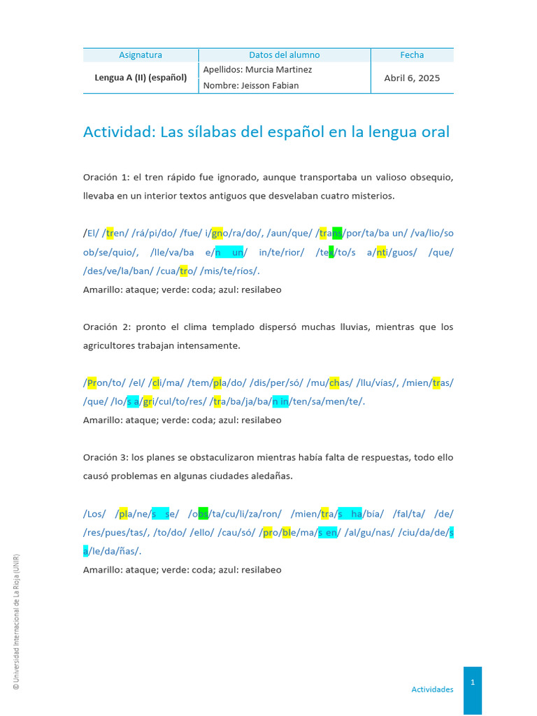 Actividad 1 - Español - Las Sílabas en El Español | PDF