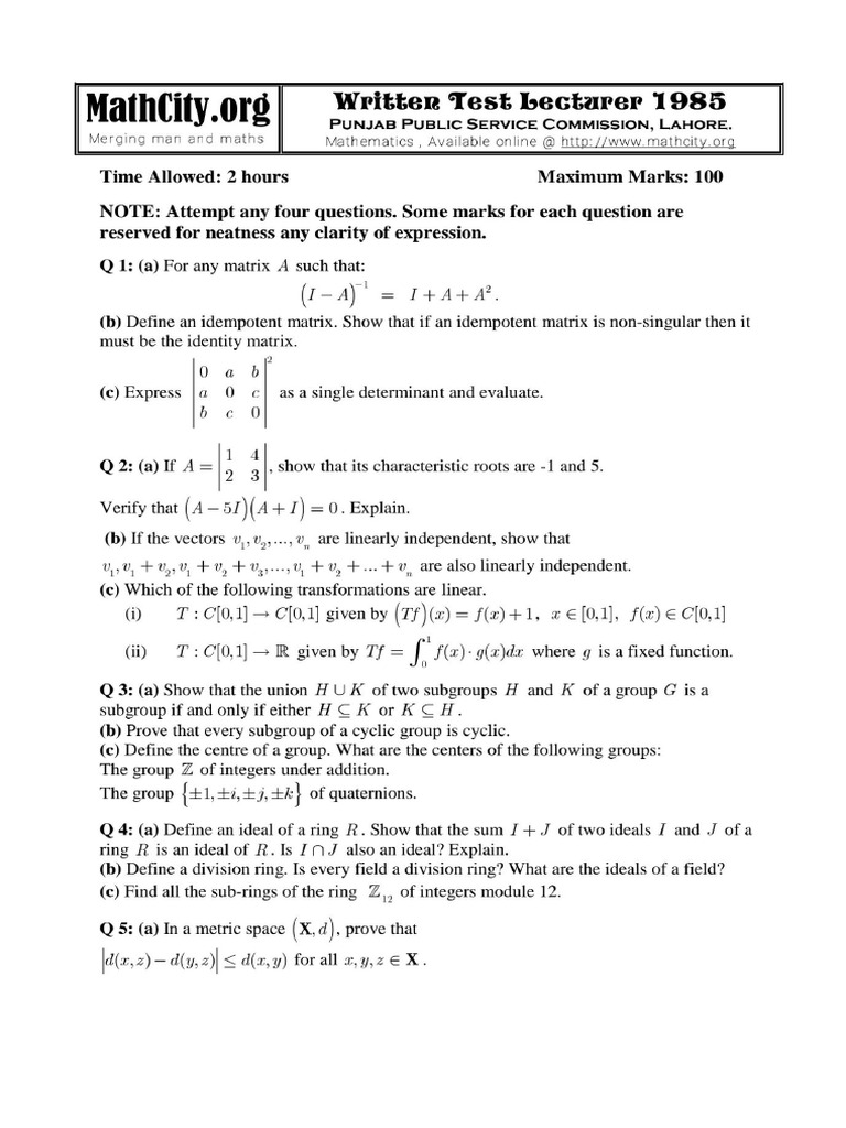 PPSC Lecturee Mathematics | PDF