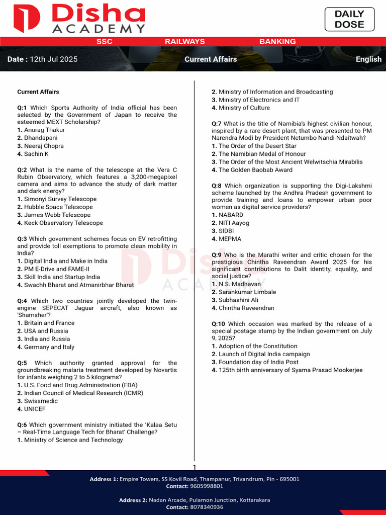 Current Affairs - English - 12th Jul 2025 | PDF