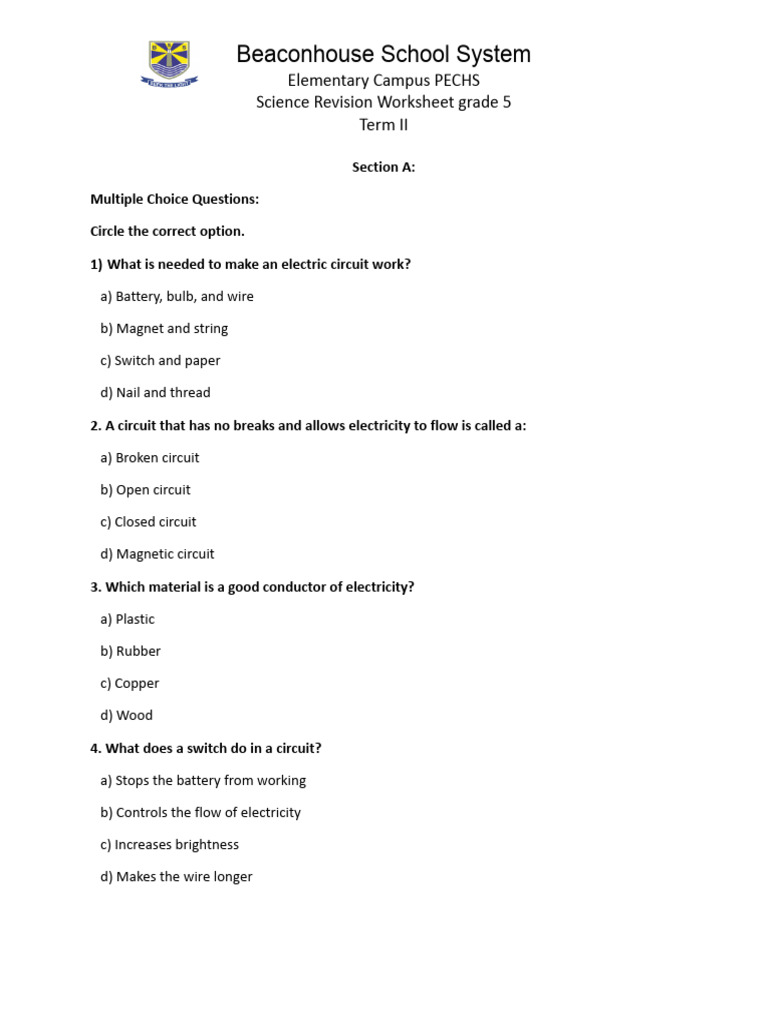 Grade 5 Science Circuit Revision Worksheet | PDF
