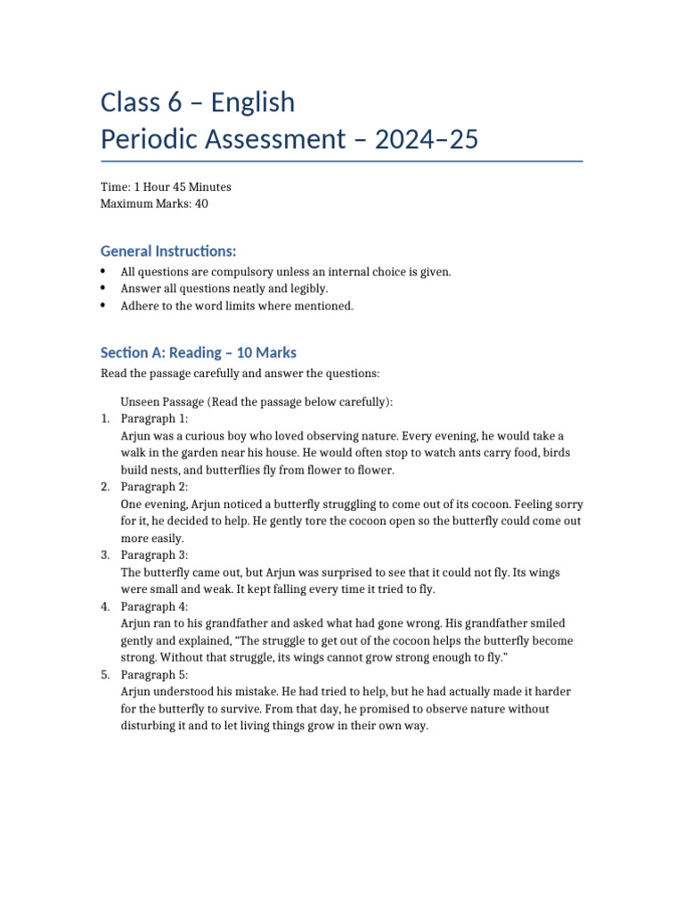 Class6 English Assessment Final | PDF | Butterfly