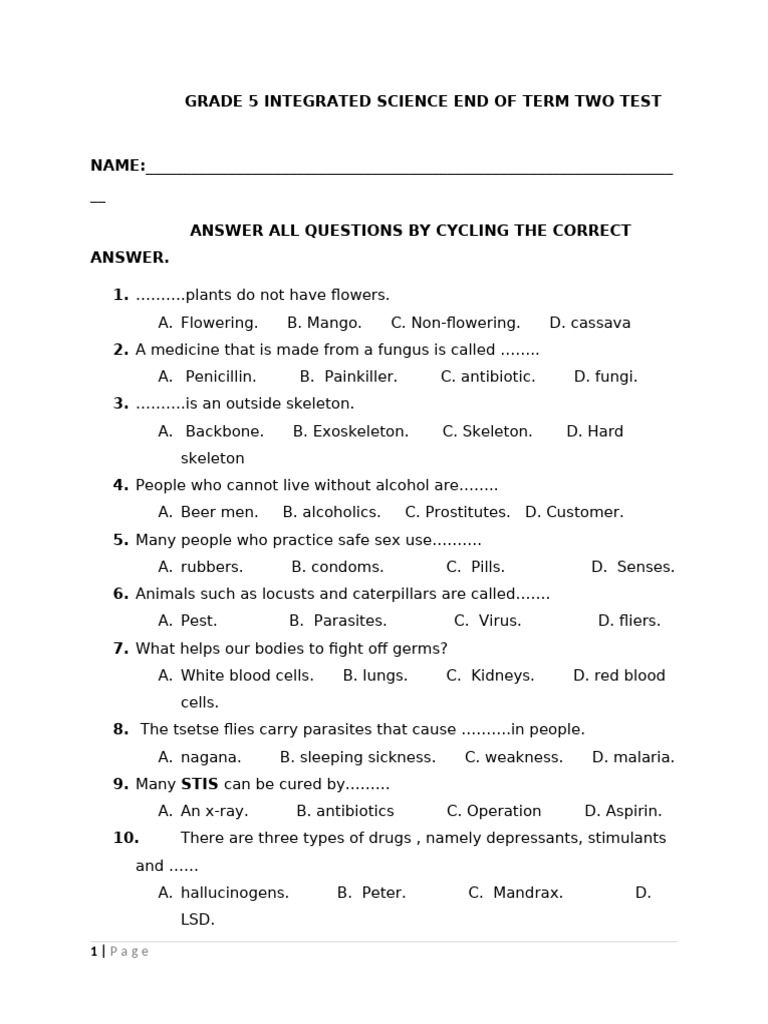 Grade 5 Integrated Science Test Term Two | PDF | Sexually Transmitted ...