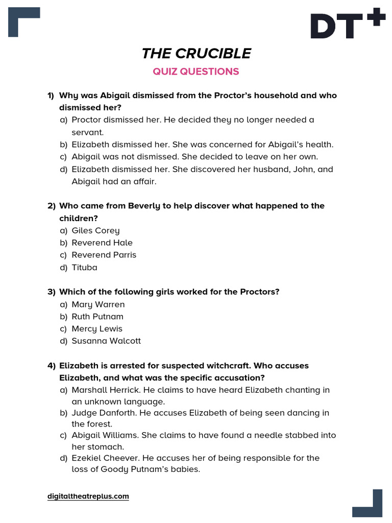 The Crucible - Quiz Questions | PDF | Early Modern Witch Hunts | Salem ...