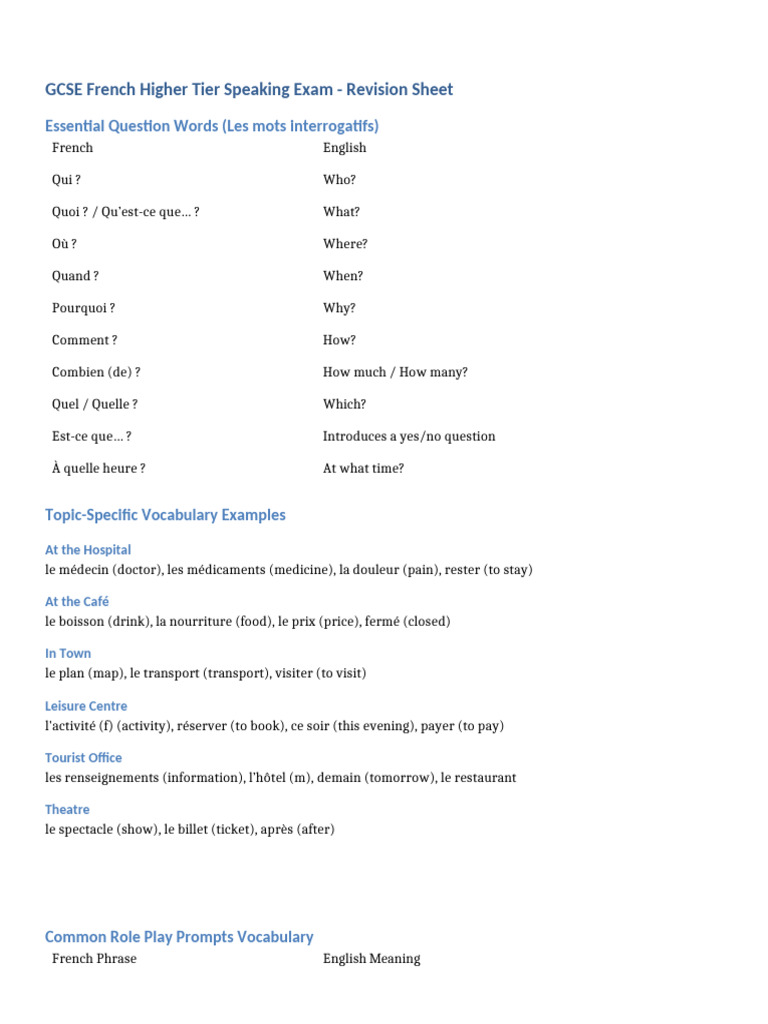 GCSE French Role Play Revision Guide | PDF | Linguistics