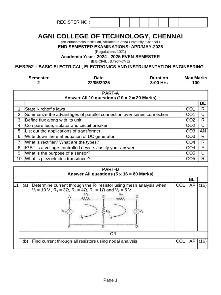 BE3252 Exam Questions and Format | PDF | Rectifier | Electrical Network