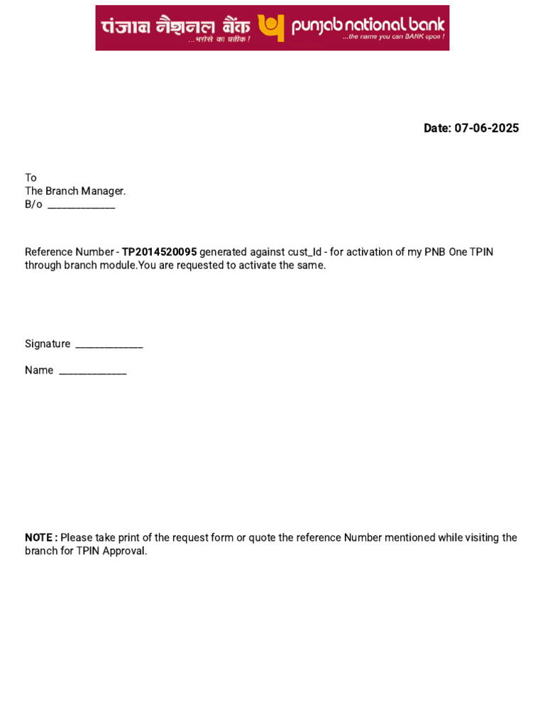 PNB One TPIN Activation Request | PDF