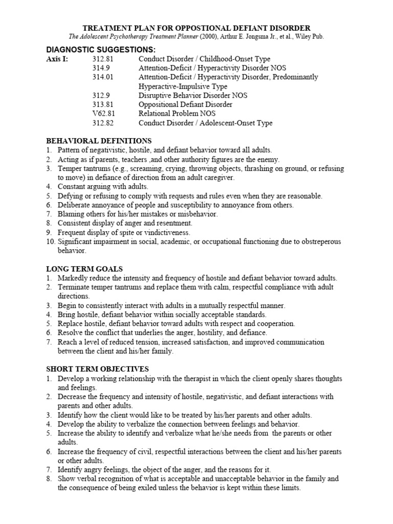 ODD Treatment Plan Overview | PDF | Psychotherapy | Attention Deficit ...