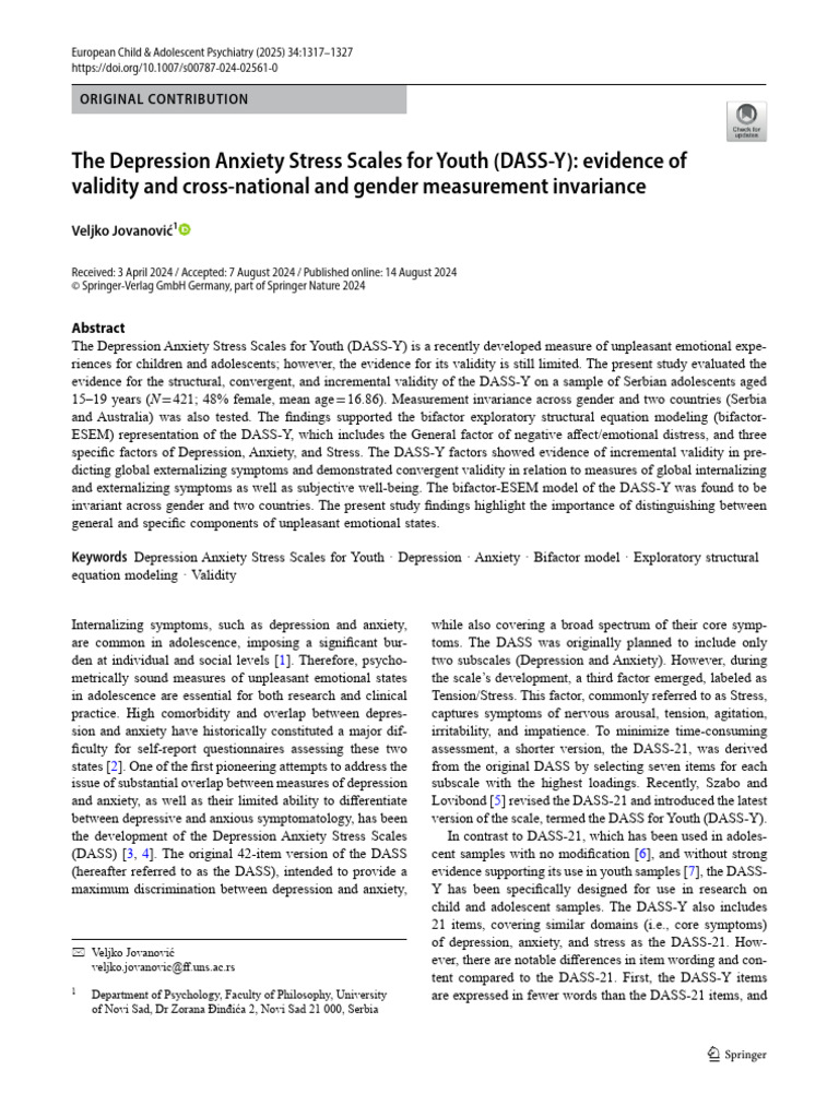 DASS-Y Evidence of Validity and Cross-National and Gender Measurement Invariance | PDF ...