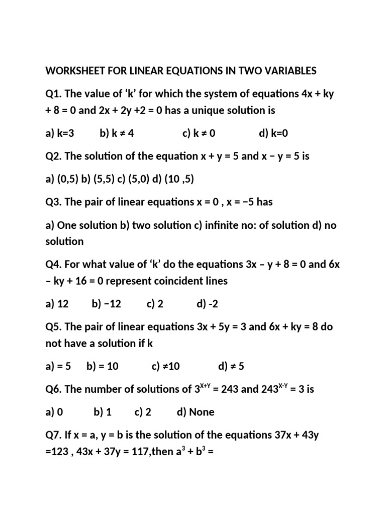 Worksheet For Linear Equations in Two Variables | PDF