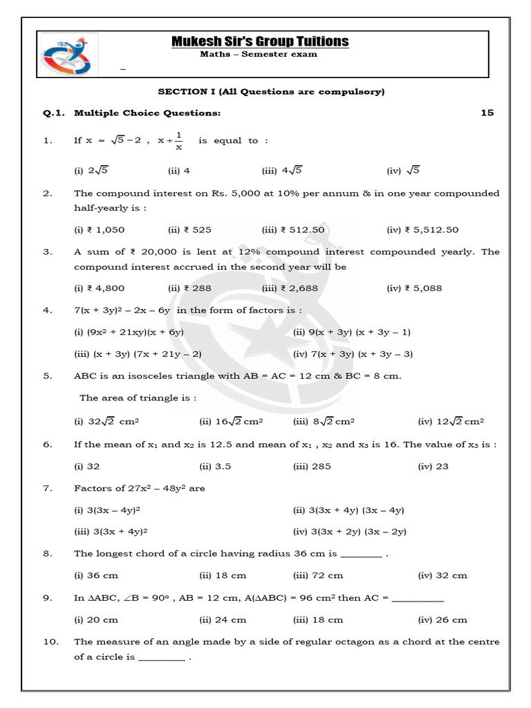 ICSE Class 9 Maths Exam Paper | PDF | Circle | Euclidean Plane Geometry