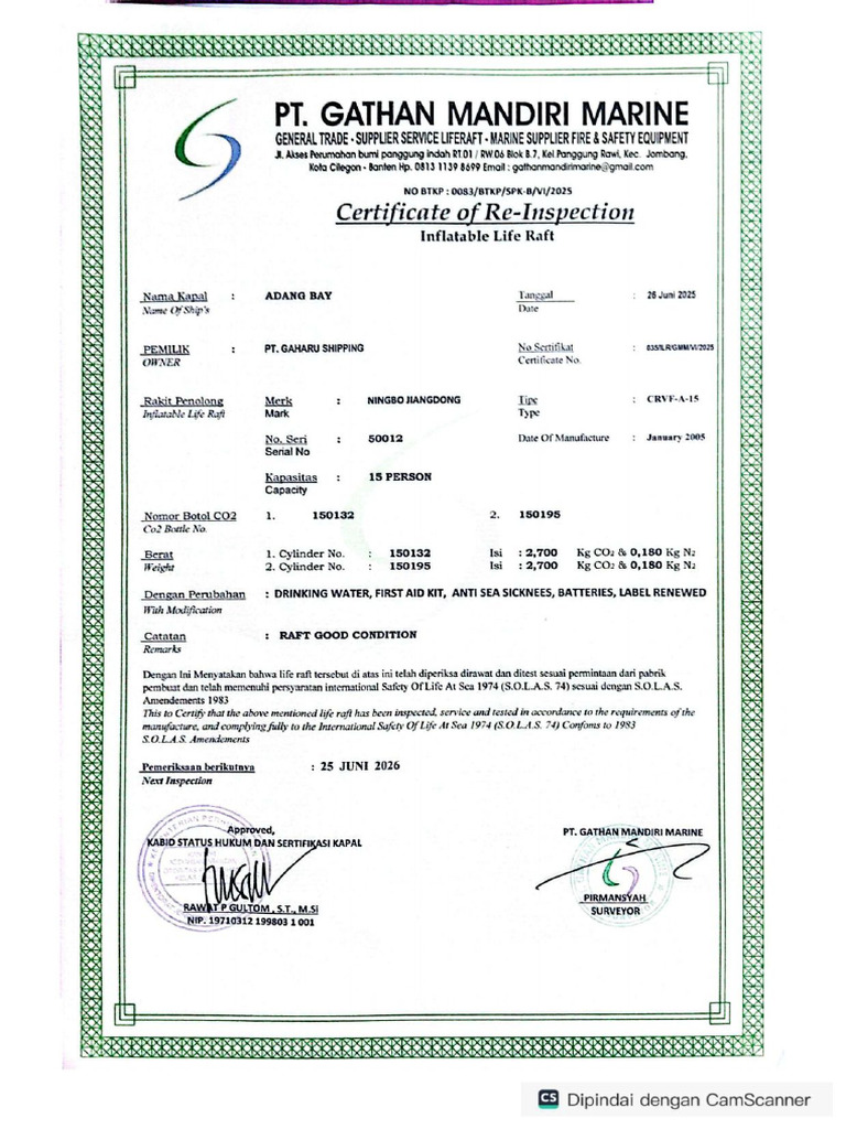 Proses Perpanjang Lift Raft Kapal ADANG BAY | PDF