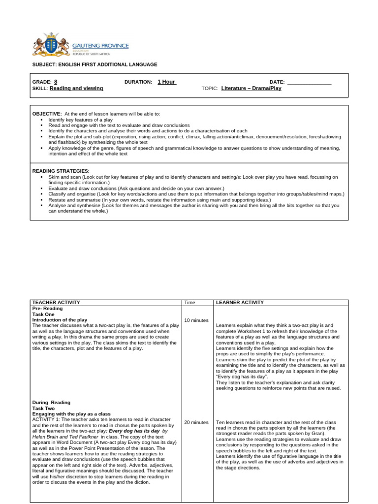 GR 8 Eng Fal - Drama - Lesson Plan Drama | PDF | Reading Comprehension ...